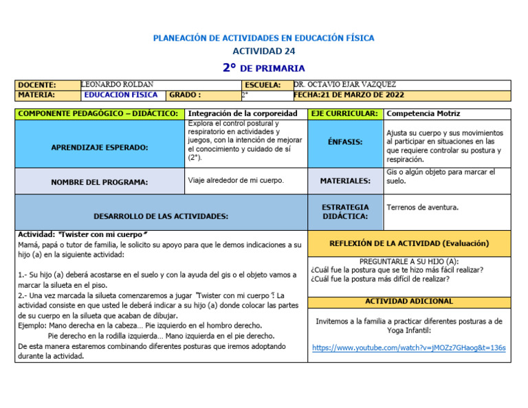 Planeacion Ef Primaria 2° Act. 24 | PDF | Enseñando | Cognición