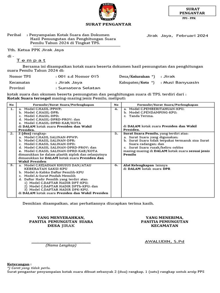 Surat Pengantar Penyampaian Berita Acara (PPS ke PPK) | PDF