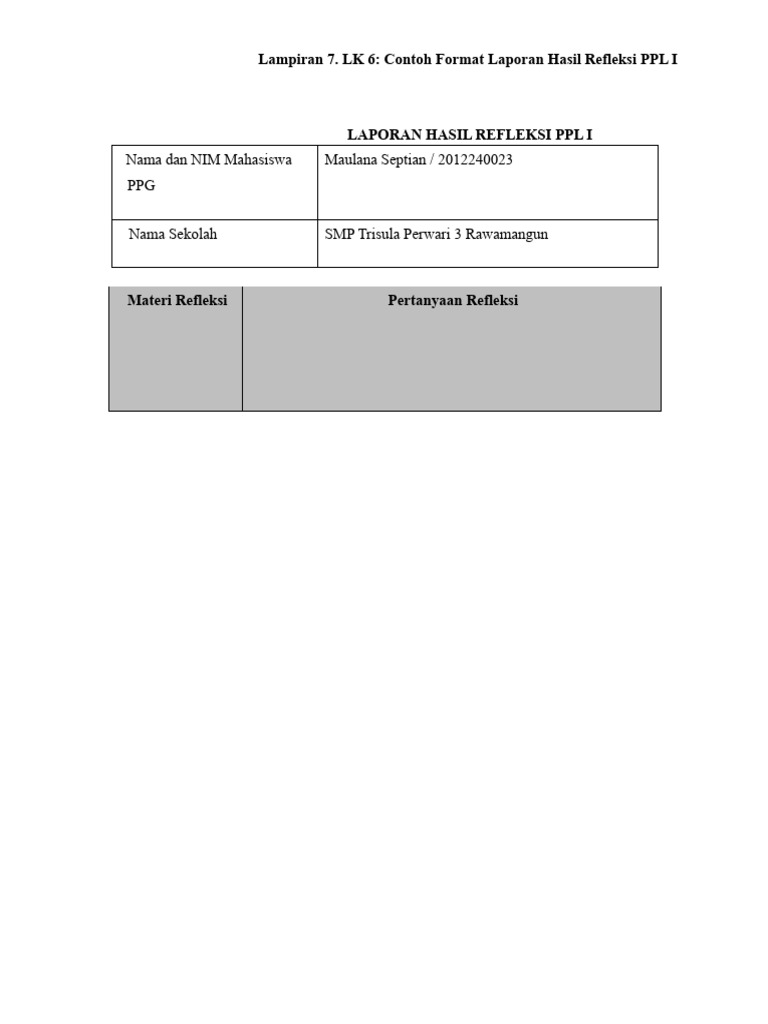 Unggah LK 6 - Laporan Hasil Refleksi PPL 1 | PDF