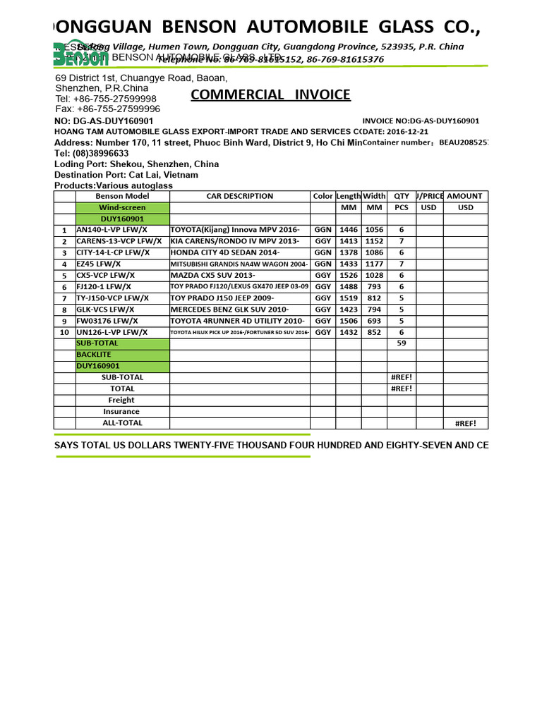 Dongguan Benson Auto Glass Invoice | PDF | Banks | Car Manufacturers Of ...