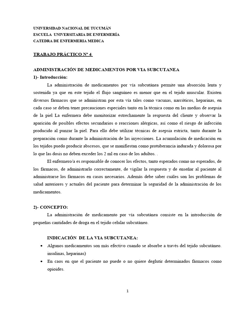 Trabajo Practico Subcutanea | PDF | Inyección (medicina) | Medicamentos con receta