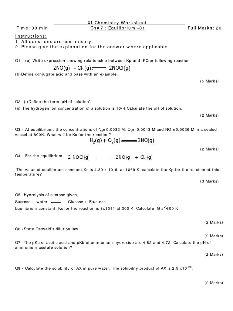 CBSE Class 11 Chemistry Worksheet - Equilibrium | PDF