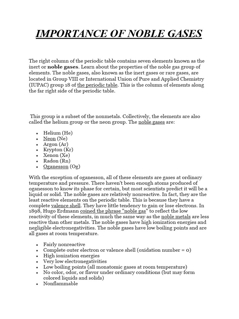 Importance of Noble Gases | PDF | Industrial Gases | Chemical Industry