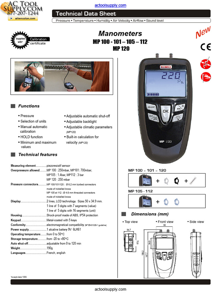 AC Kimo MP100 Datasheet | PDF | Pressure Measurement | Pascal (Unit)