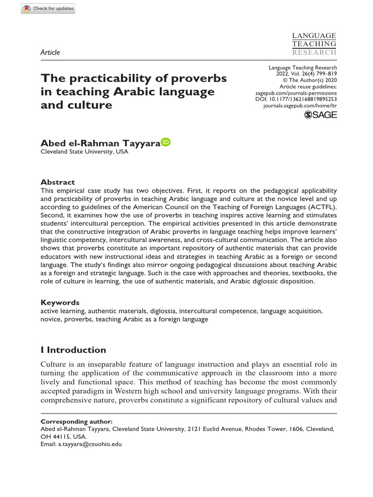The practicability of proverbs in teaching Arabic language and culture | Download Free PDF ...