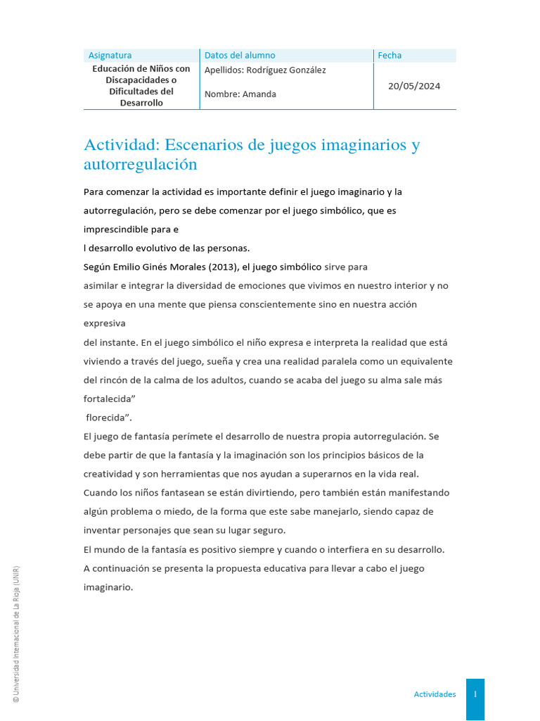 Actividad - Escenarios de Juegos Imaginarios y Autorregulación | PDF ...