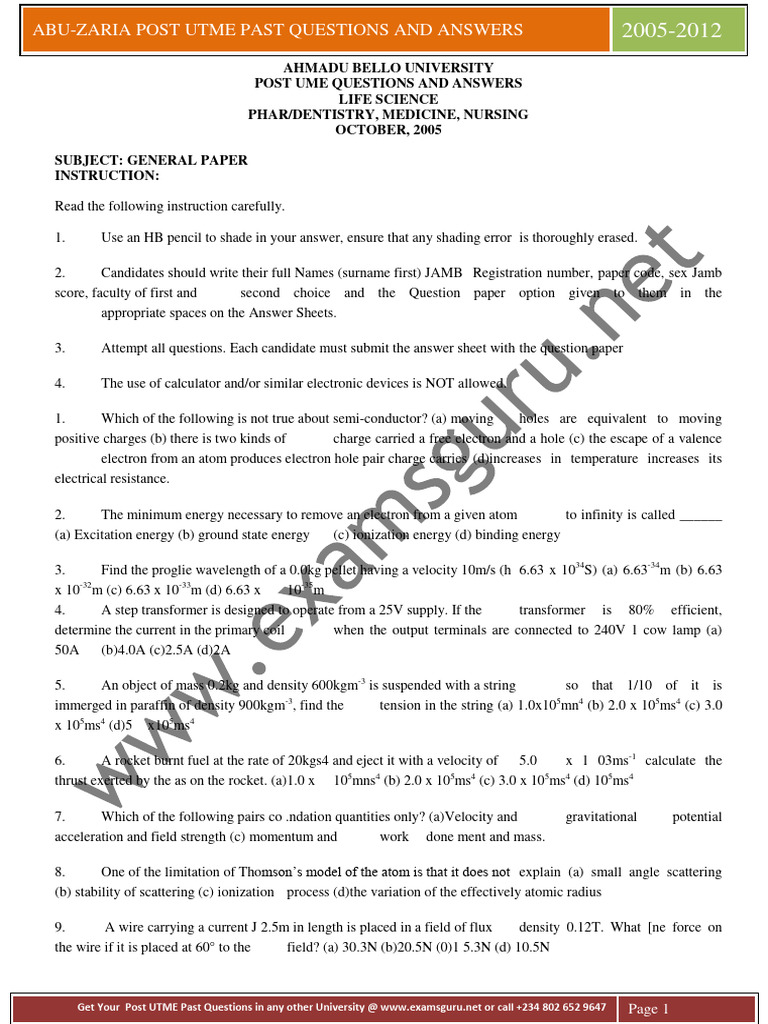 ABU-Zaria Post UTME Questions 2005-2012 | PDF | Chemical Compounds ...