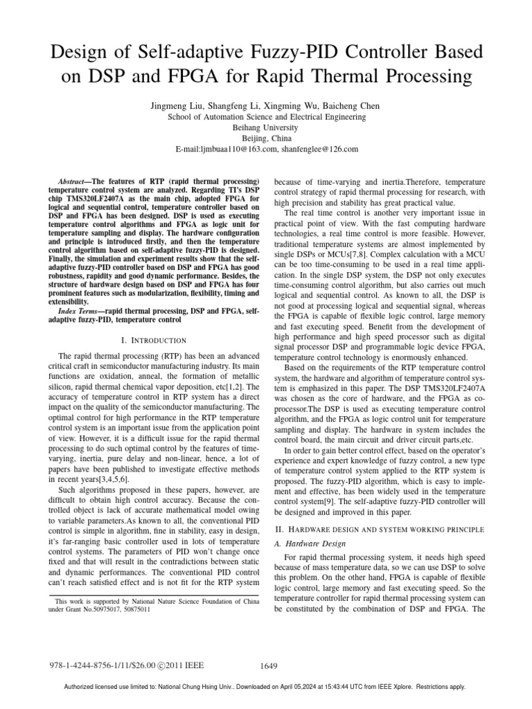 Design of Self-Adaptive Fuzzy-Pid Controller Based On DSP and FPGA For Rapid Thermal Processing ...