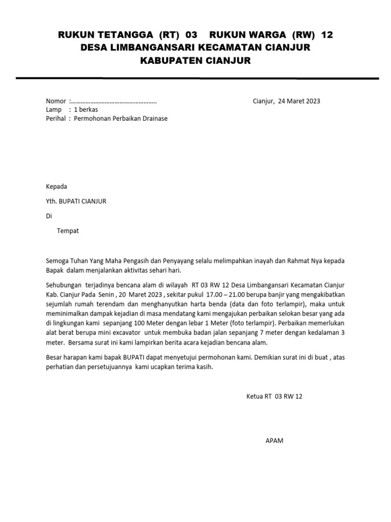 Surat Permohonan Perbaikan Drainase 1 | PDF