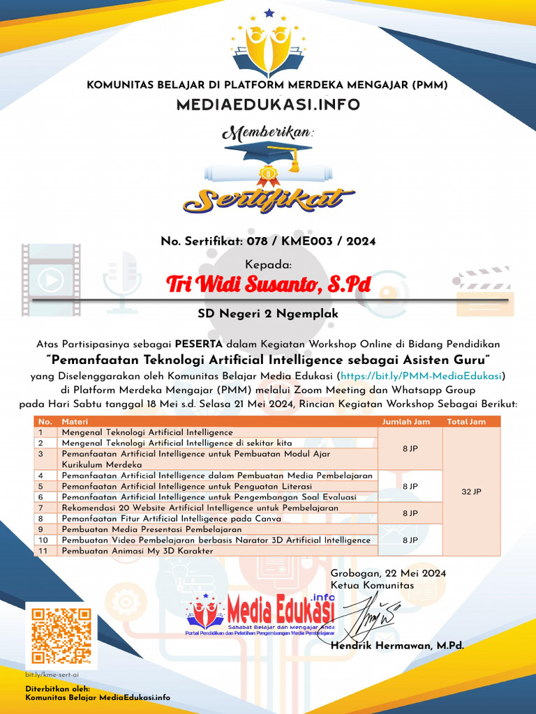Sertifikat Kombel Media Edukasi Pemanfaatan AI Tri Widi Susanto, S.PD | PDF