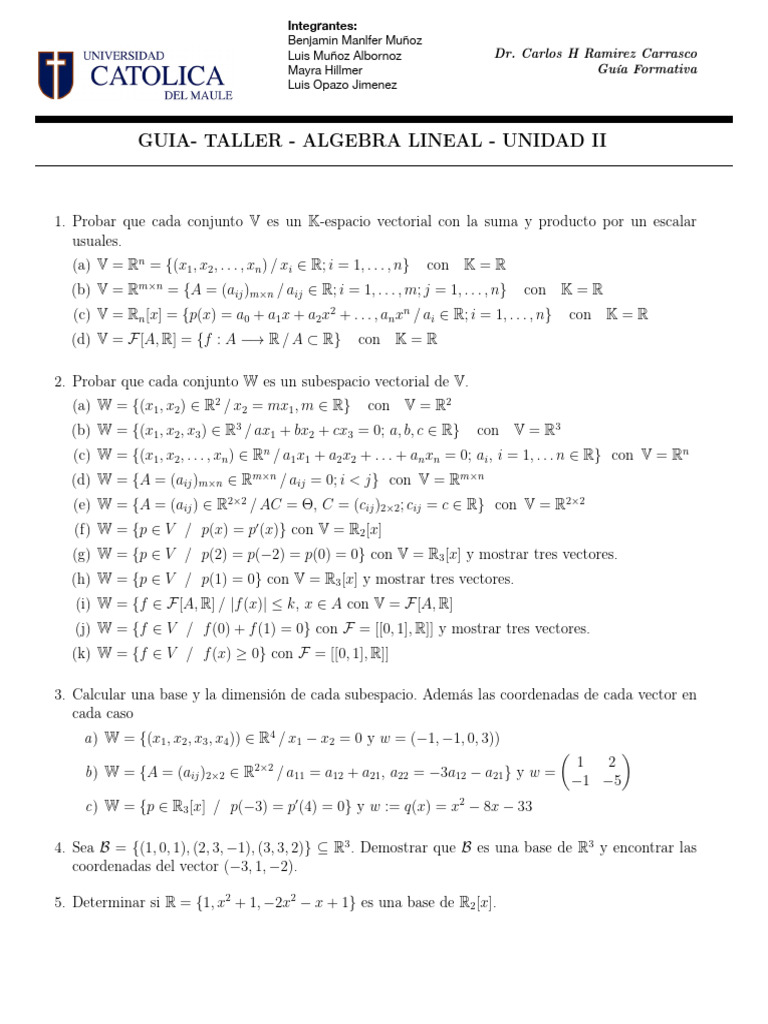 GUIATALLERII Espacios Vectoriales | PDF | Relaciones matematicas | Álgebra lineal