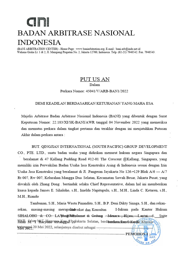 Putusan Arbitrase BANI 45041/V/ARB-BANI | PDF