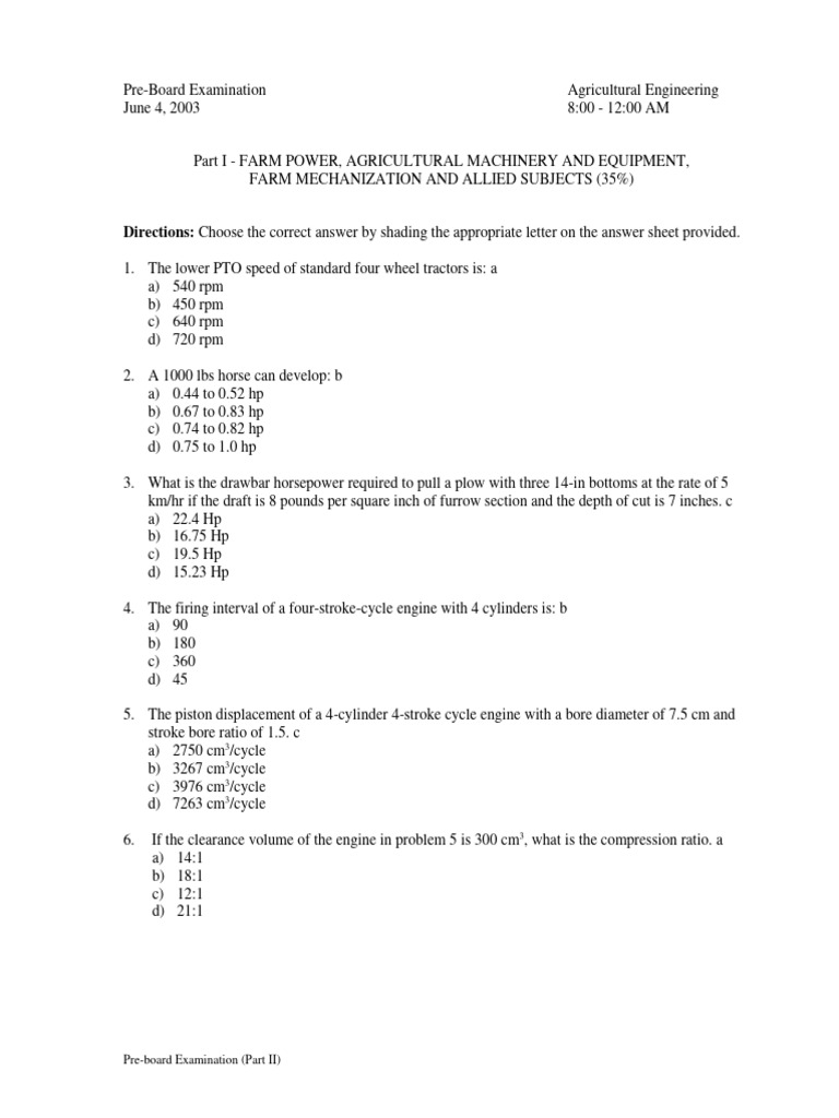 Agricultural Engineering Pre-Board Exam | PDF | Horsepower | Internal ...