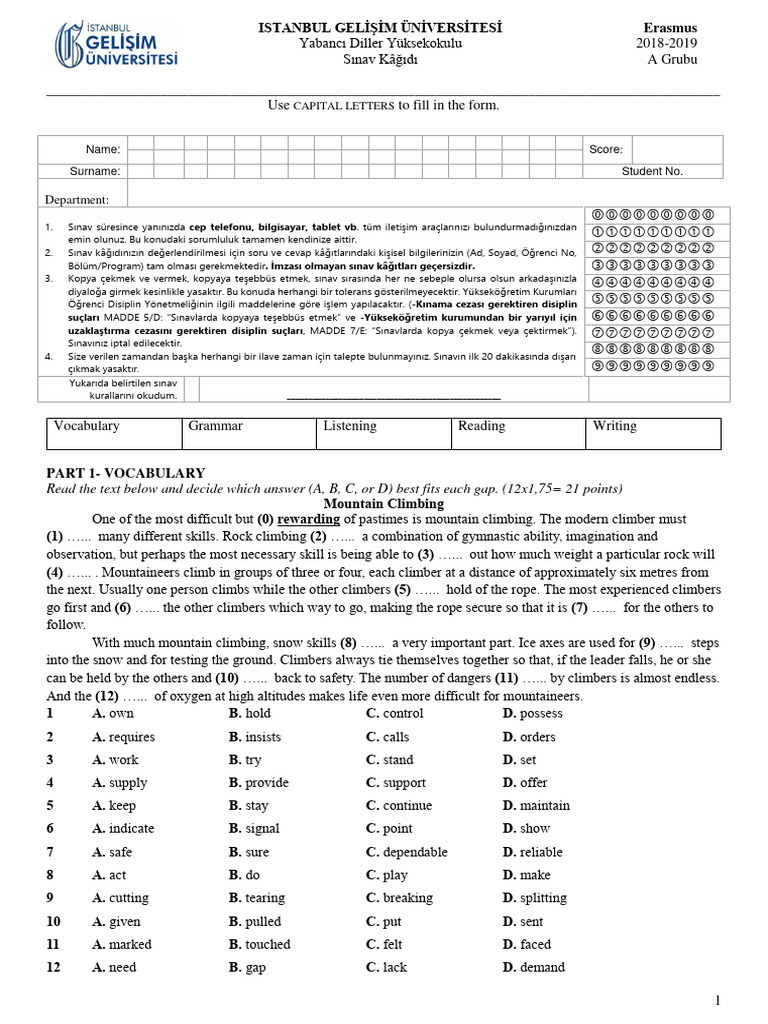 Mountain Climbing Vocabulary and Grammar Test | PDF | Mountaineering