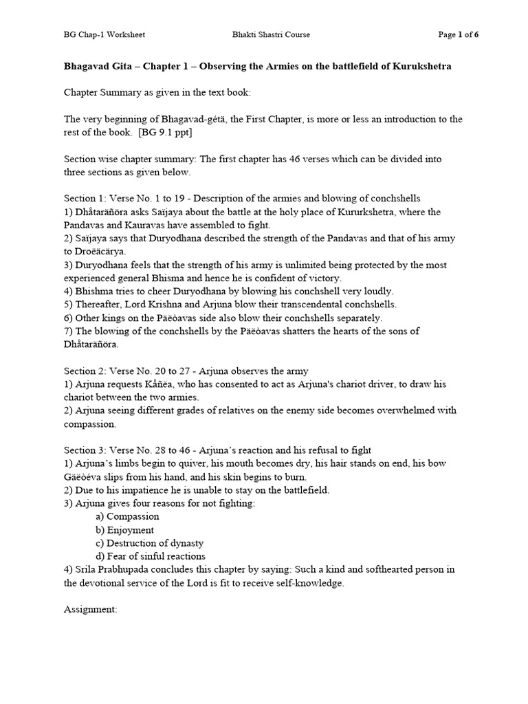 BG 01 Worksheet (Instructor) - 1 | PDF | Mahabharata | Vaishnava Texts