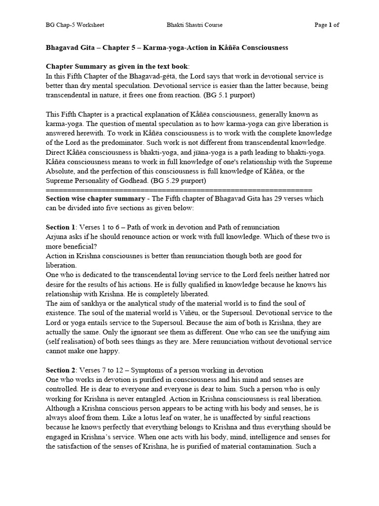 BG 05 Worksheet (Instructor) | PDF | Bhakti | Bhagavad Gita