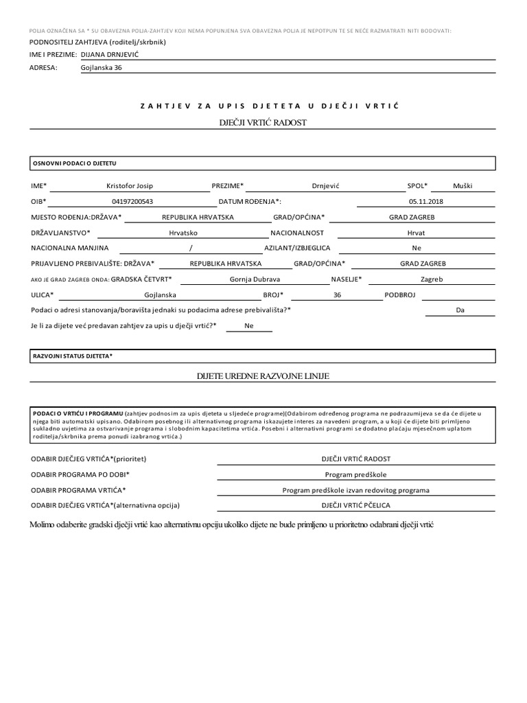 Zahtjev Za Upis Djeteta U Dječji Vrtić | PDF