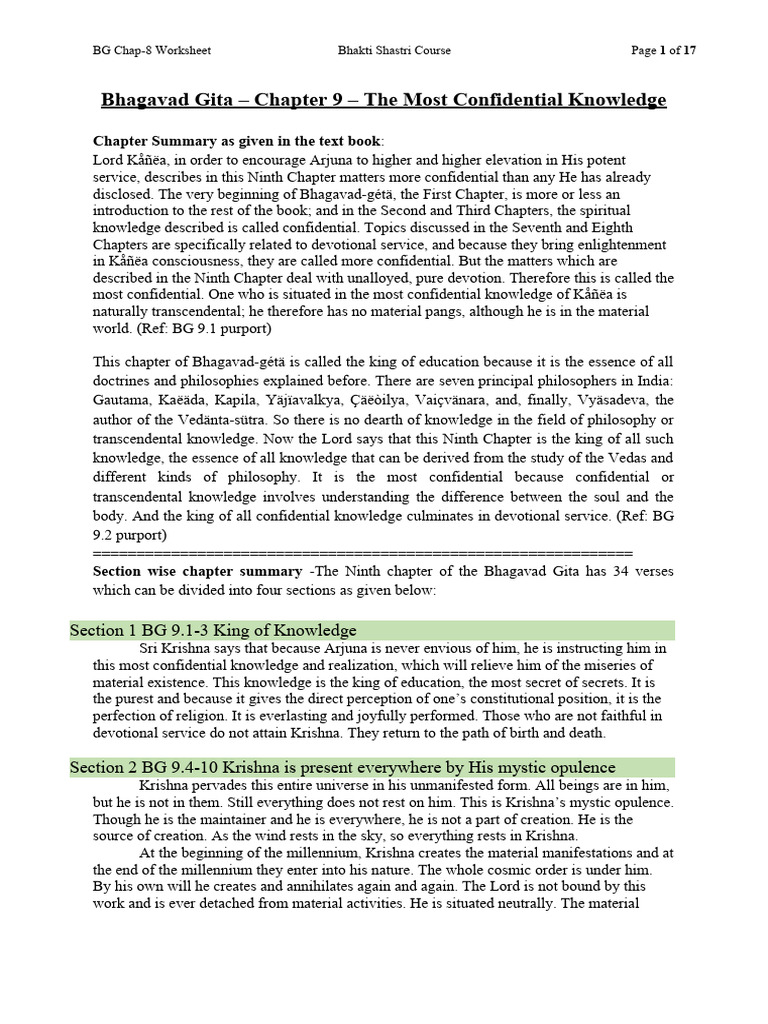 BG 9 Worksheet (Instructor) | PDF | Bhakti | Krishna