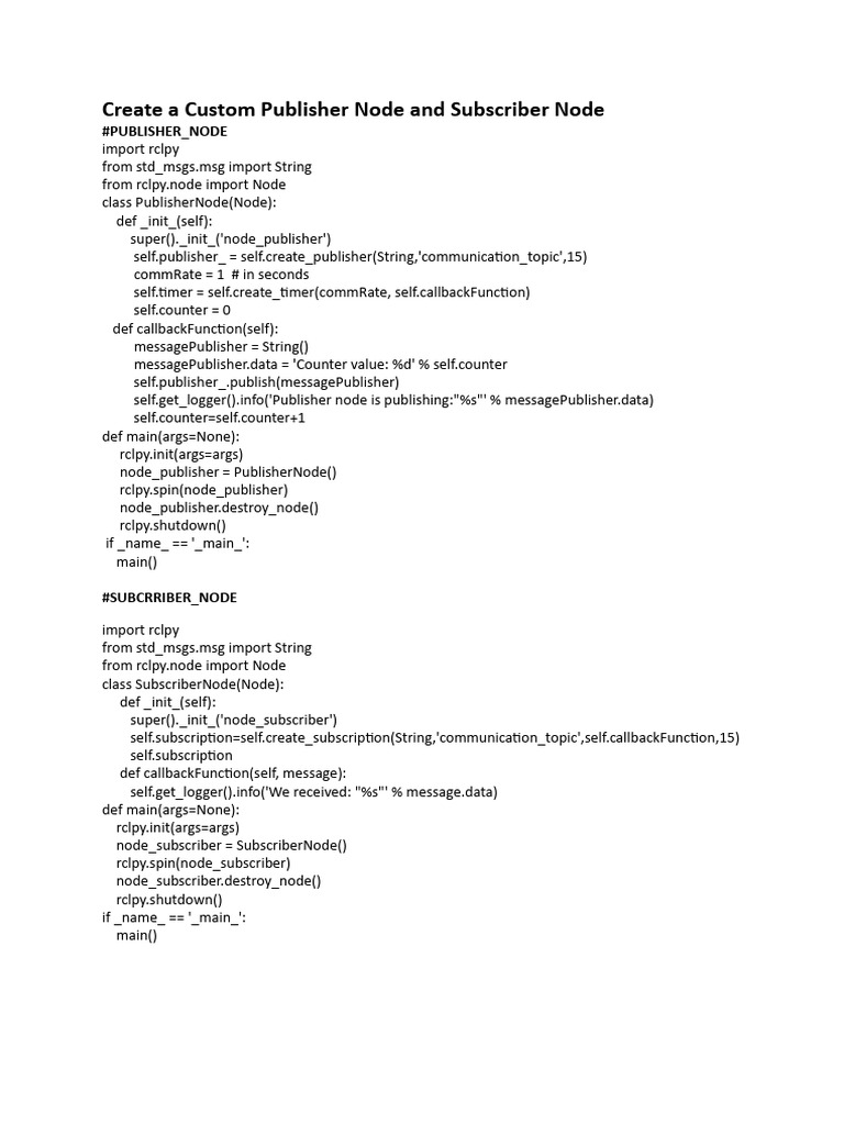 Create A Custom Publisher Node and Subscriber Node | PDF