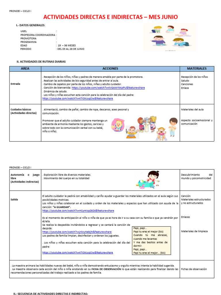 24 Junio 4 CICLO I - PRONOEI - 19 - 36 MESES - ACTIVIDADES DIRECTAS E INDIRECTAS - JUNIO | PDF ...