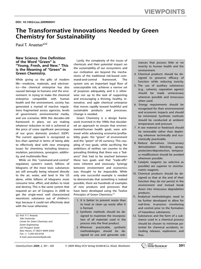 The Transformative Innovations Needed by Green Chemistry For ...