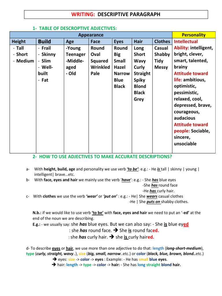 WRITING Descriptive Unit1 | PDF | Hair | Syntax