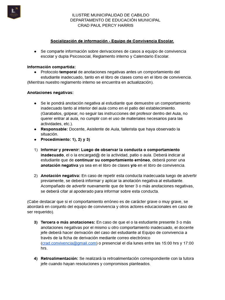 Protocolo - Anotaciones negativas y positivas en ámbito escolar. | PDF