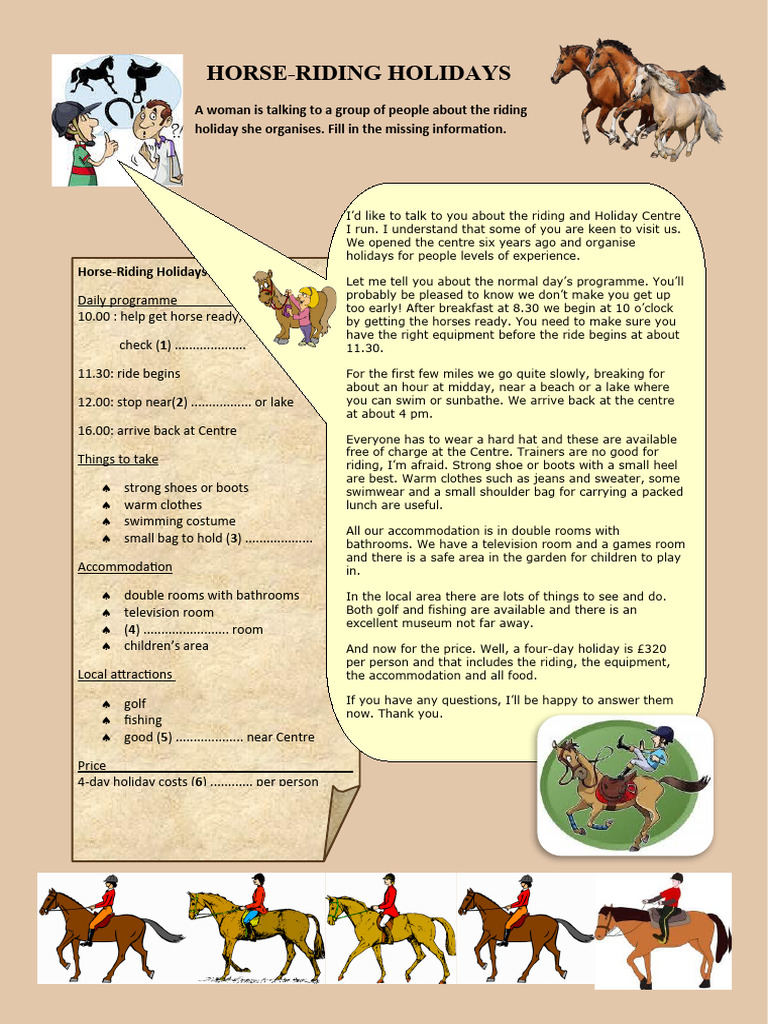 Horse Riding Holidays Reading Comprehension Exercises - 56418 | PDF