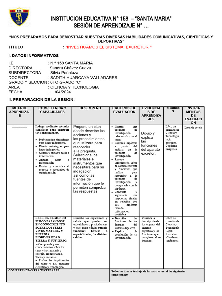SESION DE APRENDIZAJE SITEMA EXCRETOR - Doc LISTOOO | PDF | Orina | Riñón
