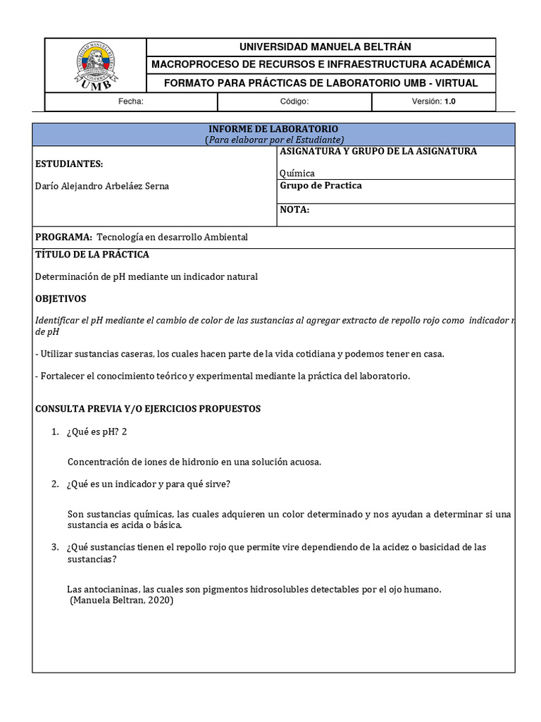 Formato informe laboratorio pH | PDF | Ph | Agua