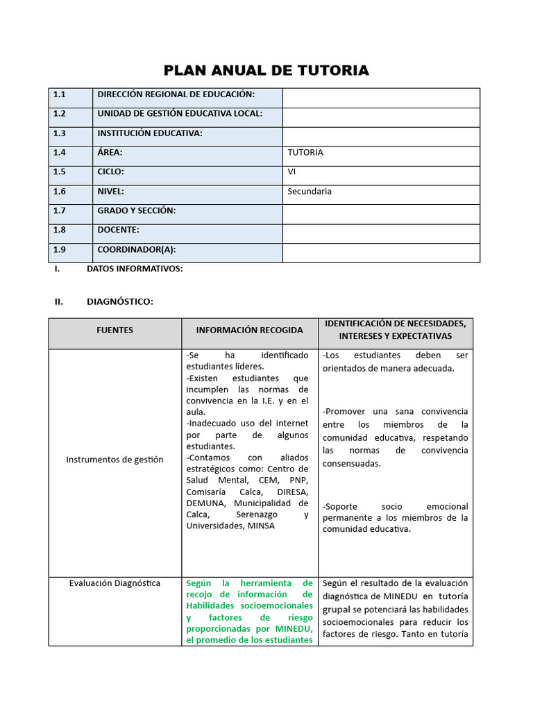 Plan Tutorial de Aula 2024 Propuesta 1 | PDF | Salón de clases | Las ...