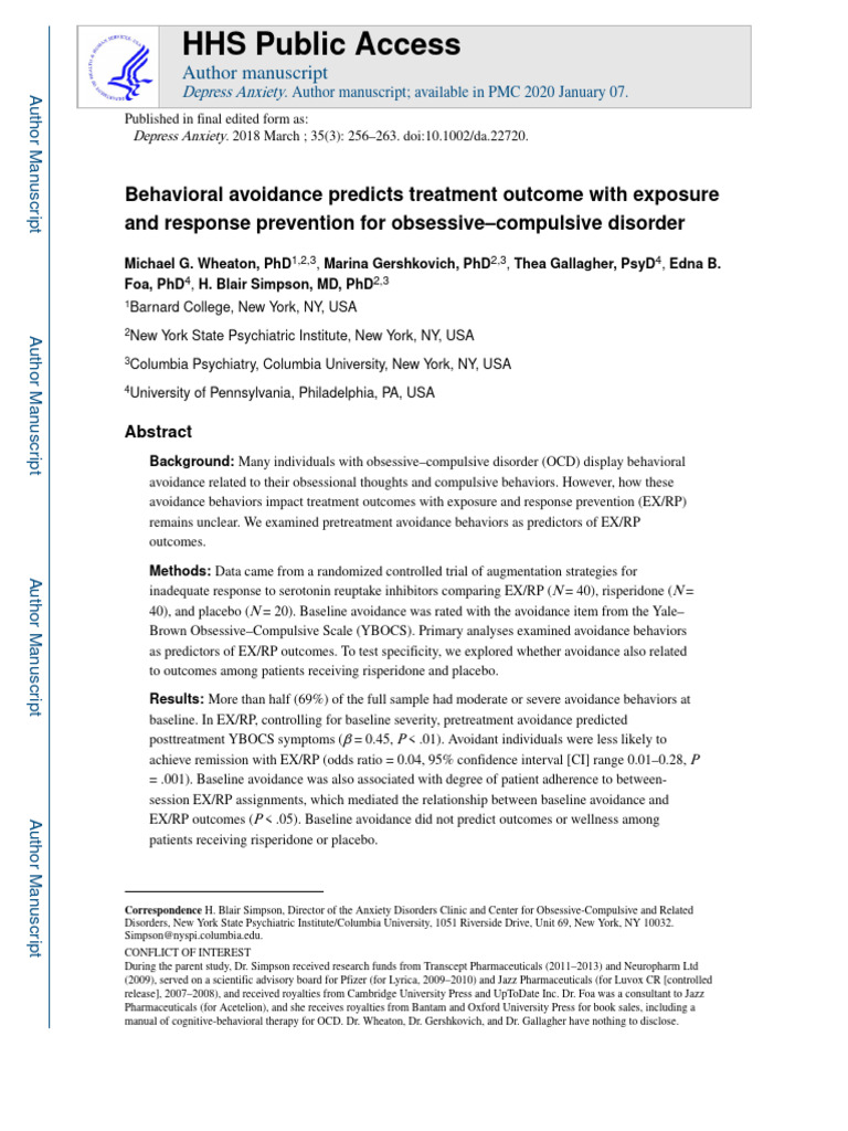 Behavioral Avoidance Predicts Treatment | Download Free PDF | Obsessive ...