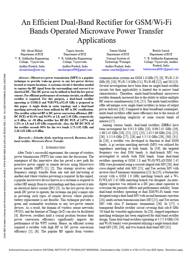 An Efficient Dual Band Rectifier For Gsm Wi Fi Bands Operated Microwave