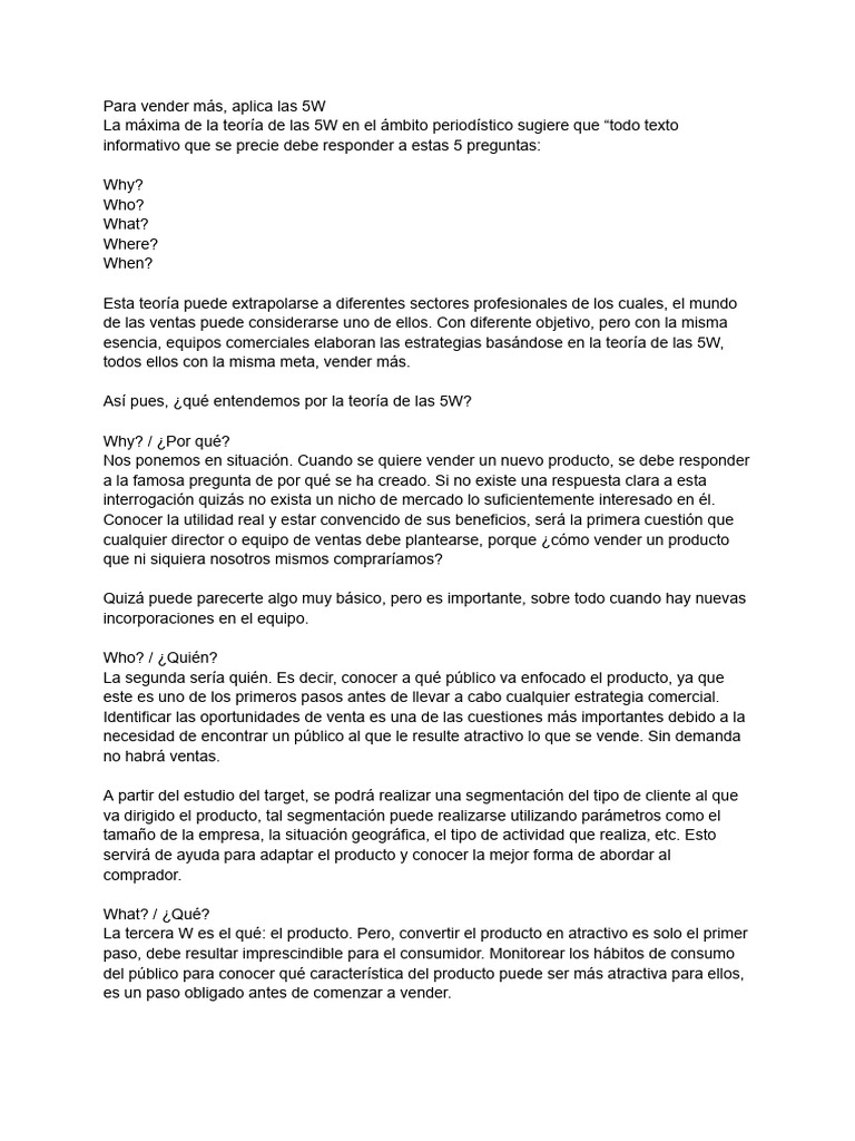 Las Cinco W para Cerrar Todas Tus Ventas | PDF | Producto (Negocio ...