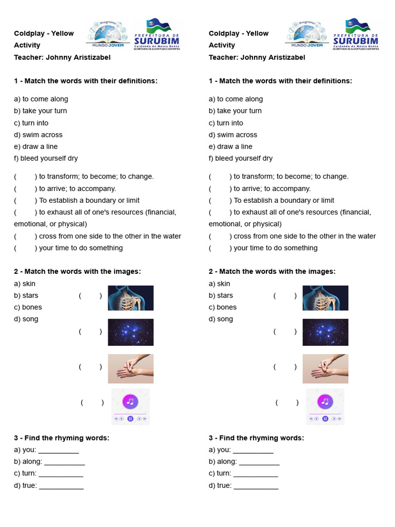 Coldplay Yellow Activity Worksheet | PDF | Language Arts & Discipline