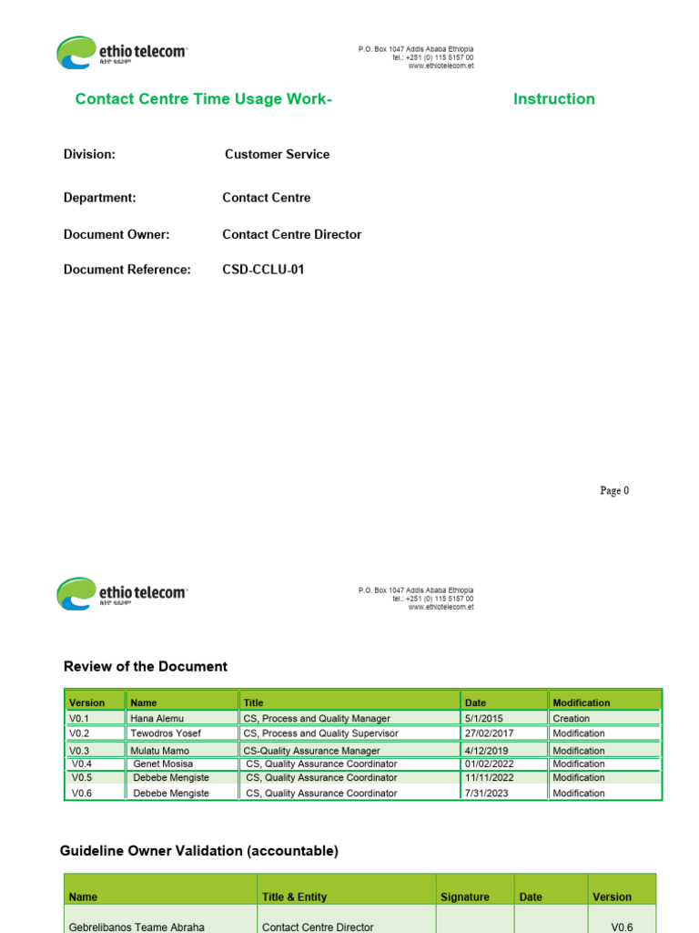 Contact Centre Time Usage Work-Instruction | PDF | Ethiopia | Call Centre