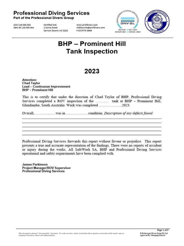 J - ROV Inspection Template - BHP - Prominent Hill - v1 - 2023 | PDF ...