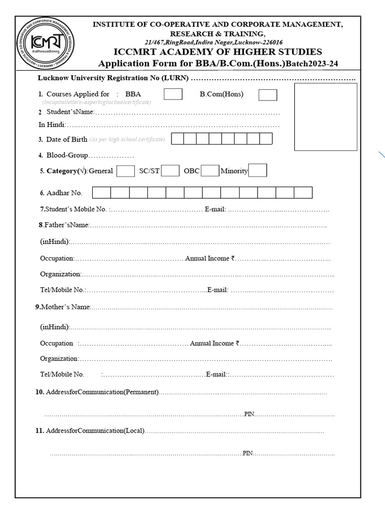 Admission Application Bba Bcom | PDF