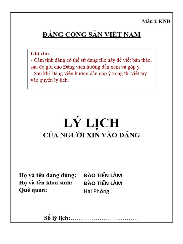 Mau 2 KND Ly Lich Cua Nguoi Xin Vao Dang | PDF