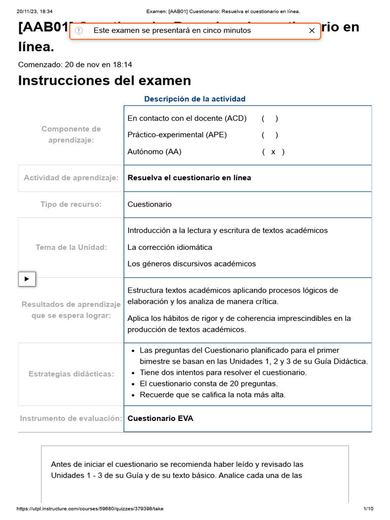 Examen - (AAB01) Cuestionario - Resuelva El Cuestionario en Línea | PDF ...