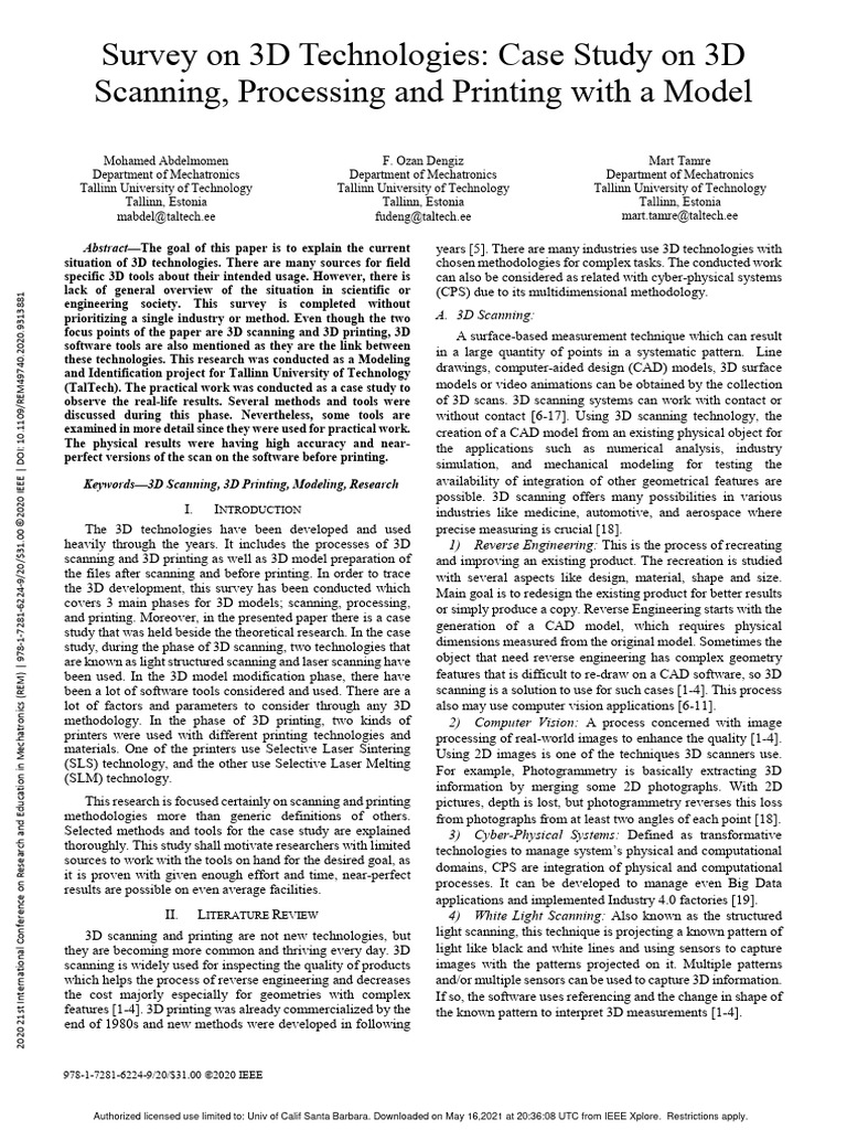 (Review) - Survey On 3D Technologies - Abdelmomen2020 | PDF | 3 D Printing | Image Scanner