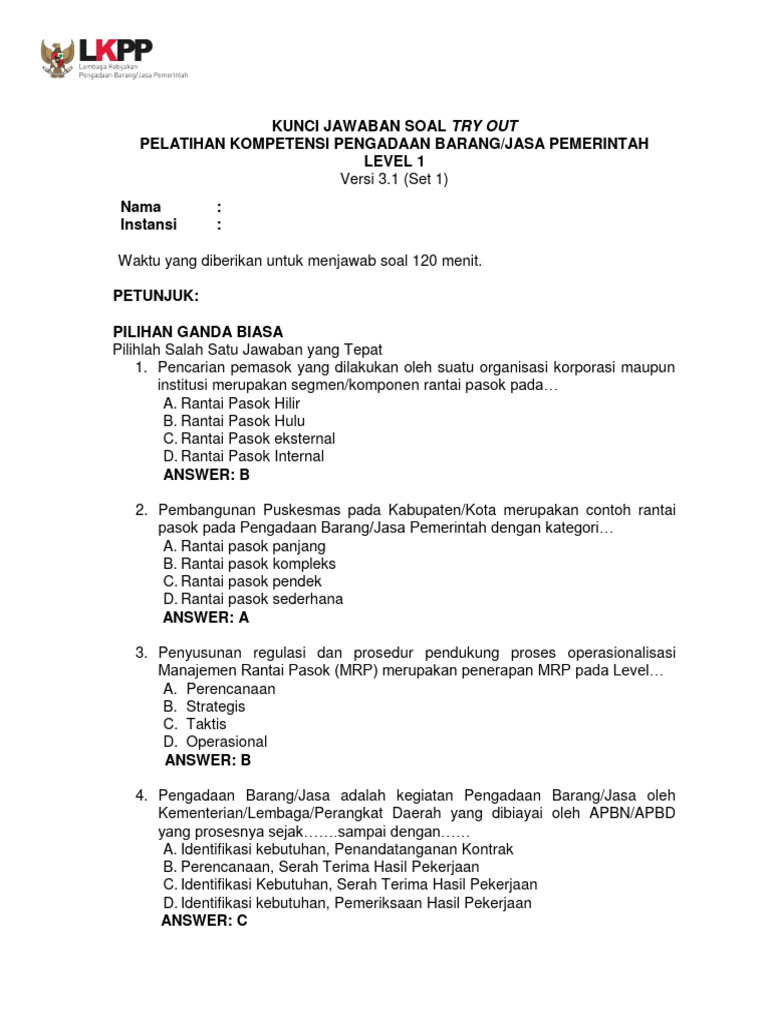 Kunci Jawaban Soal Try Out Pelatihan Kompetensi PBJP Level-1 - Versi 3.1 (Set 1) | PDF