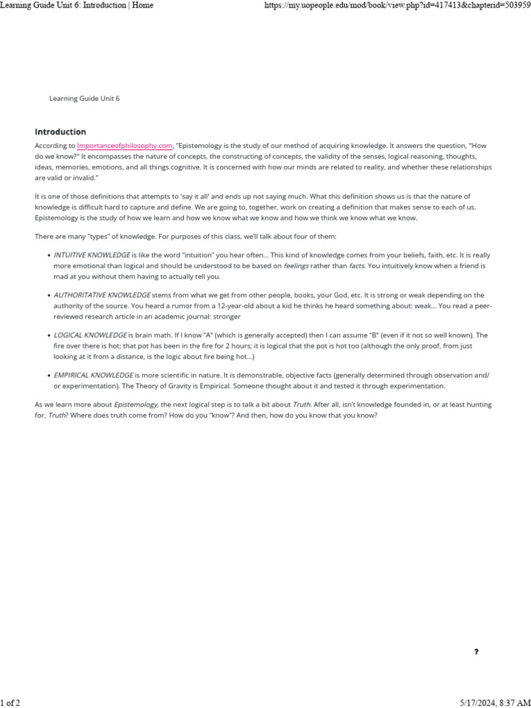 PHIL 1402 Learning Guide Unit 6 Introduction Home | PDF | Knowledge | Concept