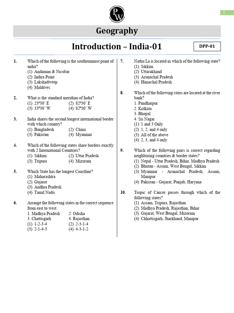 Introduction of India - DPP 01 (English) | PDF | Earth Sciences | South Asia