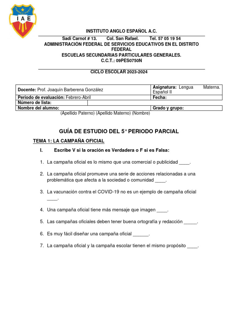 Guía de Estudio Del 5° Periodo Parcial de Lengua Materna Ii | PDF ...