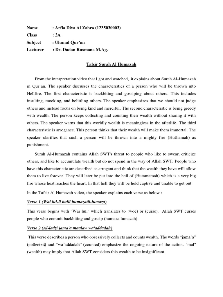 Arfia Diva Al Zahra 2A-Tafsir Surah Al Humazah | PDF | Abrahamic ...