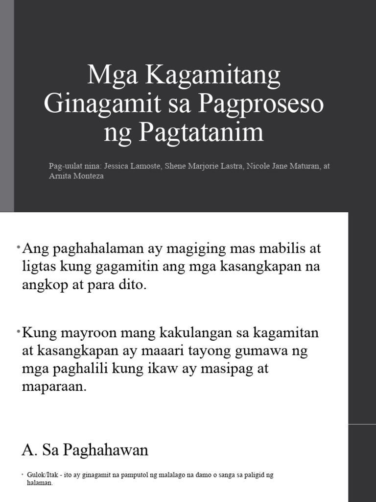 Mga Kagamitang Ginagamit Sa Pag Proseso NG Pagtatanim | PDF