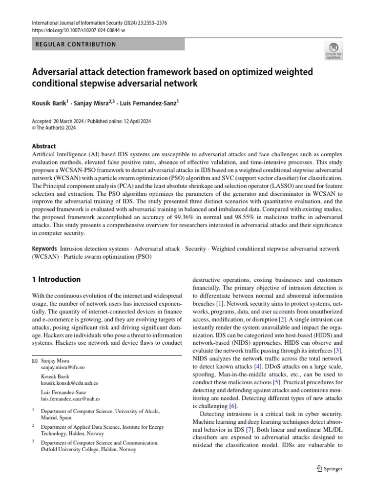 Adversarial Attack Detection Framework Based On Optimized Weighted Conditional Stepwise