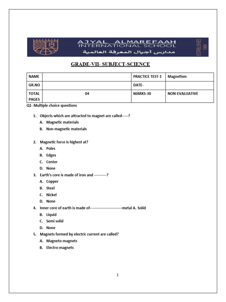 PRACTICE_TEST_GRADE_7_MAGNETISM, (1) | PDF | Magnet | Magnetism