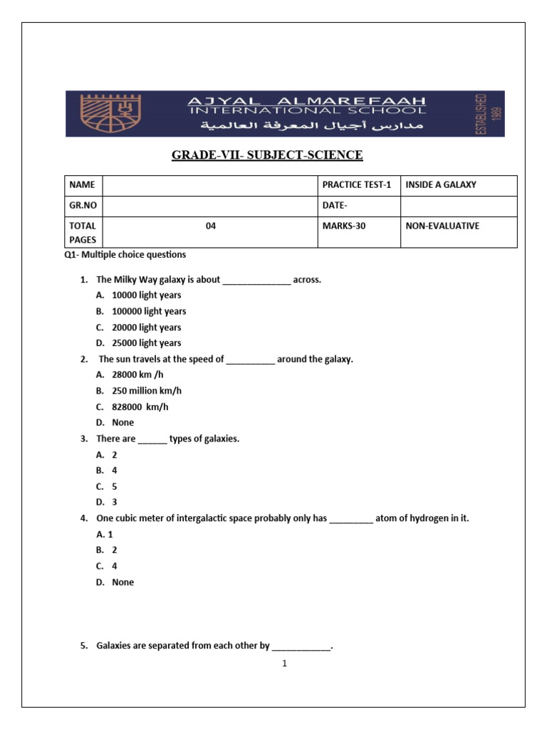 Milky Way Galaxy Practice Test | PDF | Asteroid | Milky Way